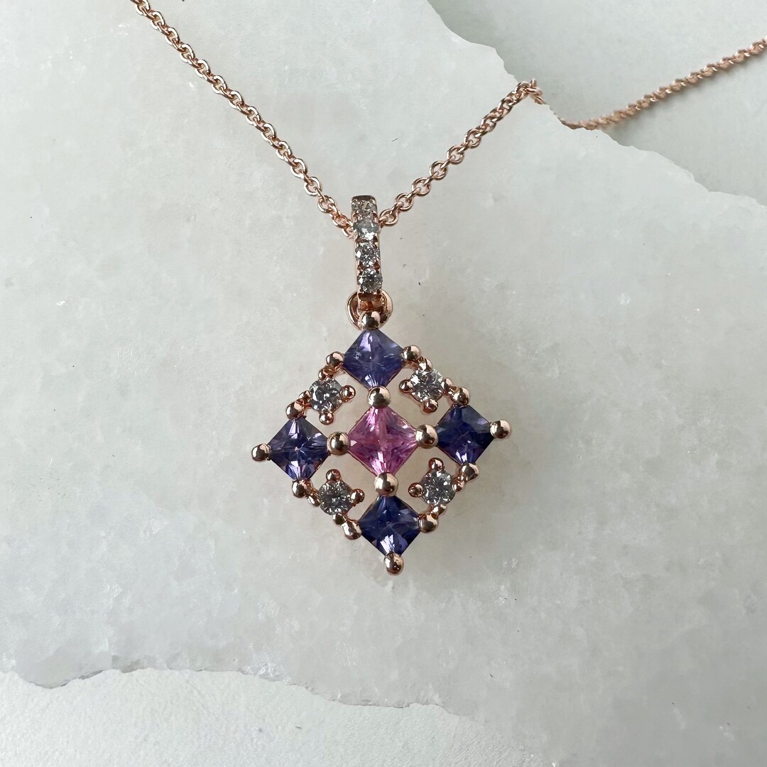 14K Solid Gold Genuine Color Sapphire and Diamond Tetris Pendant - Etsy