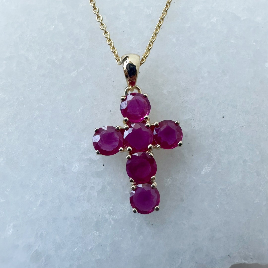 14K Solid Gold Genuine Round Ruby Cross Pendant - Etsy