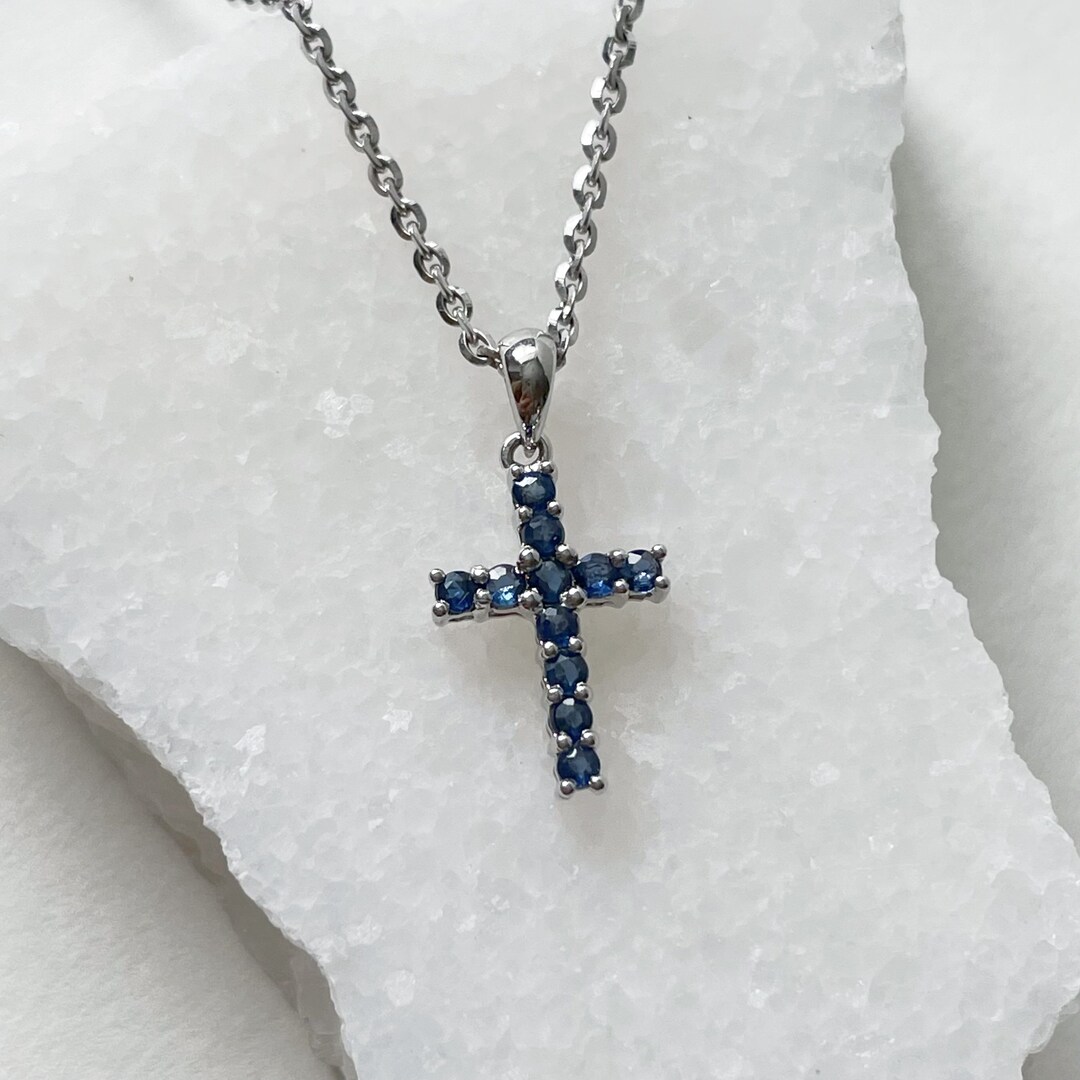 14K Solid Gold Genuine Sapphire Cross Pendant - Etsy