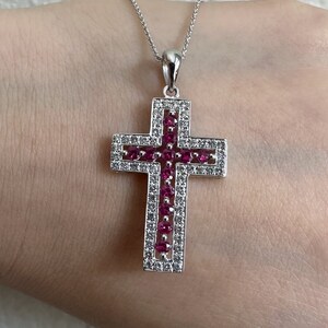 14K Solid White Gold Genuine Ruby and Diamond Cross Pendant (pendant ...