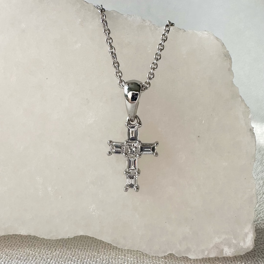 14K Solid Gold Genuine Baguette Diamond Cross Pendant - Etsy