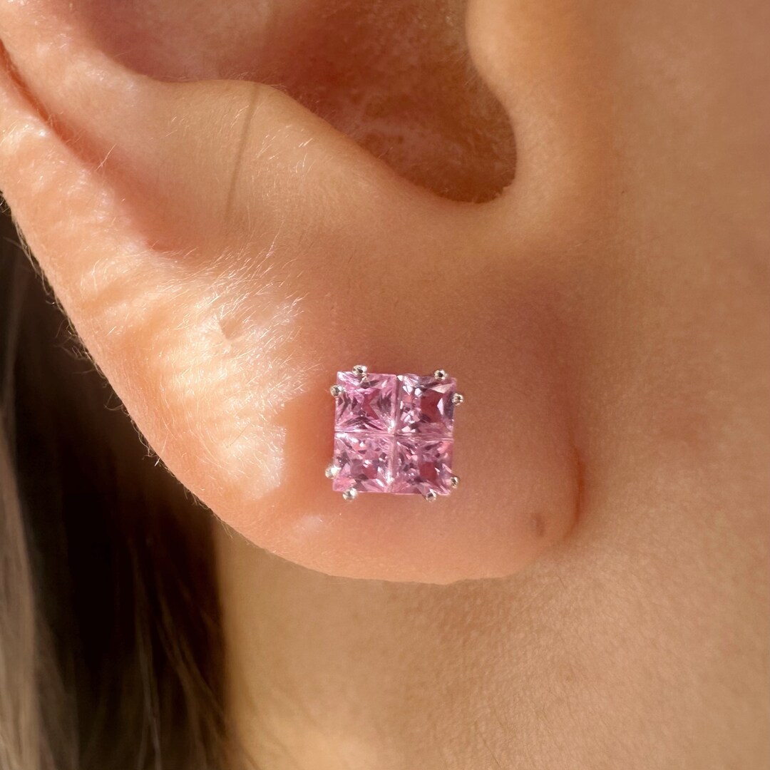 18K Solid White Gold Genuine Tetris Pink Sapphire Square Studs/pair - Etsy