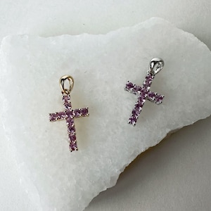14K Solid Gold Genuine Pink Sapphire Cross Pendant - Etsy