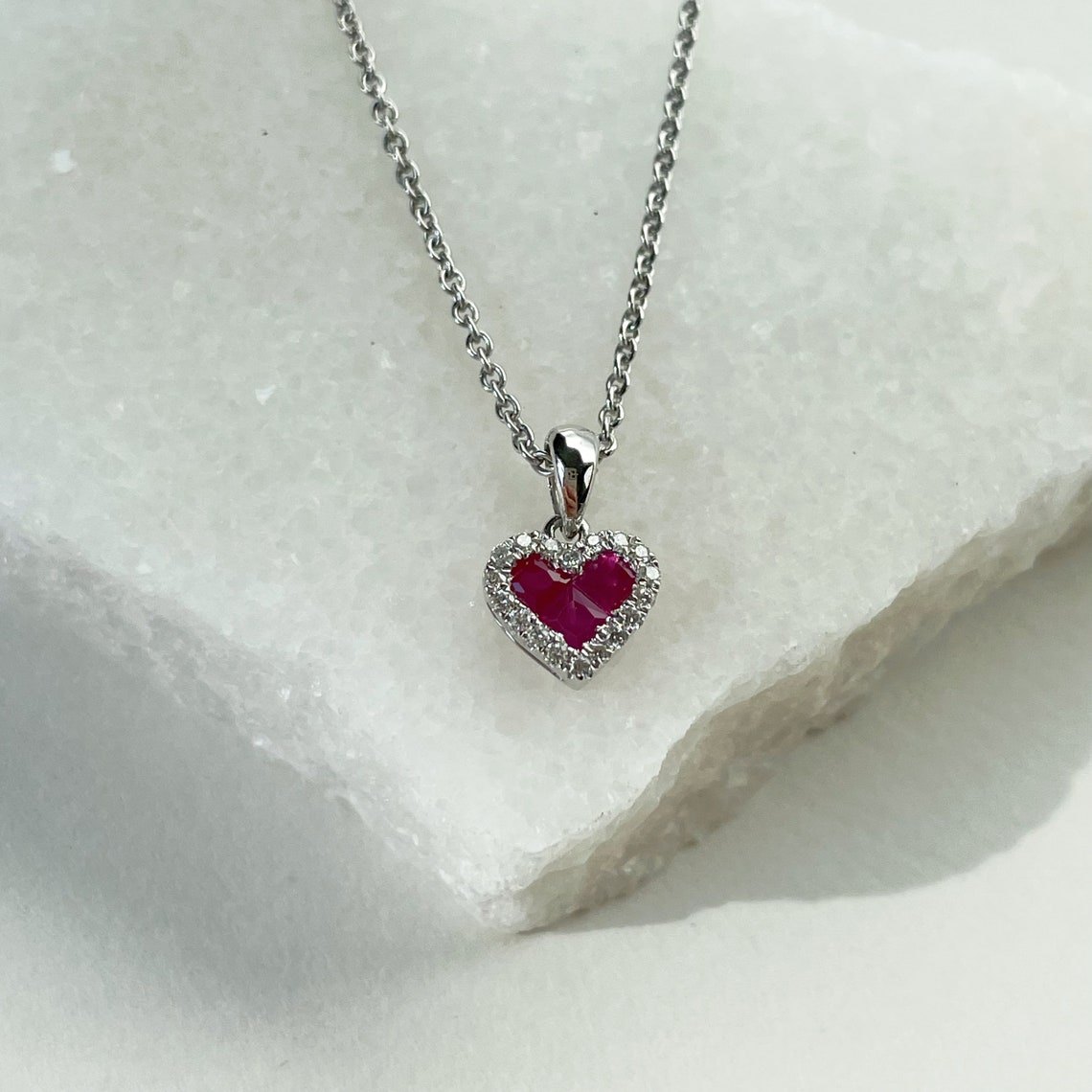 14K Solid Gold Genuine Diamond and Ruby Heart Pendant pendant - Etsy