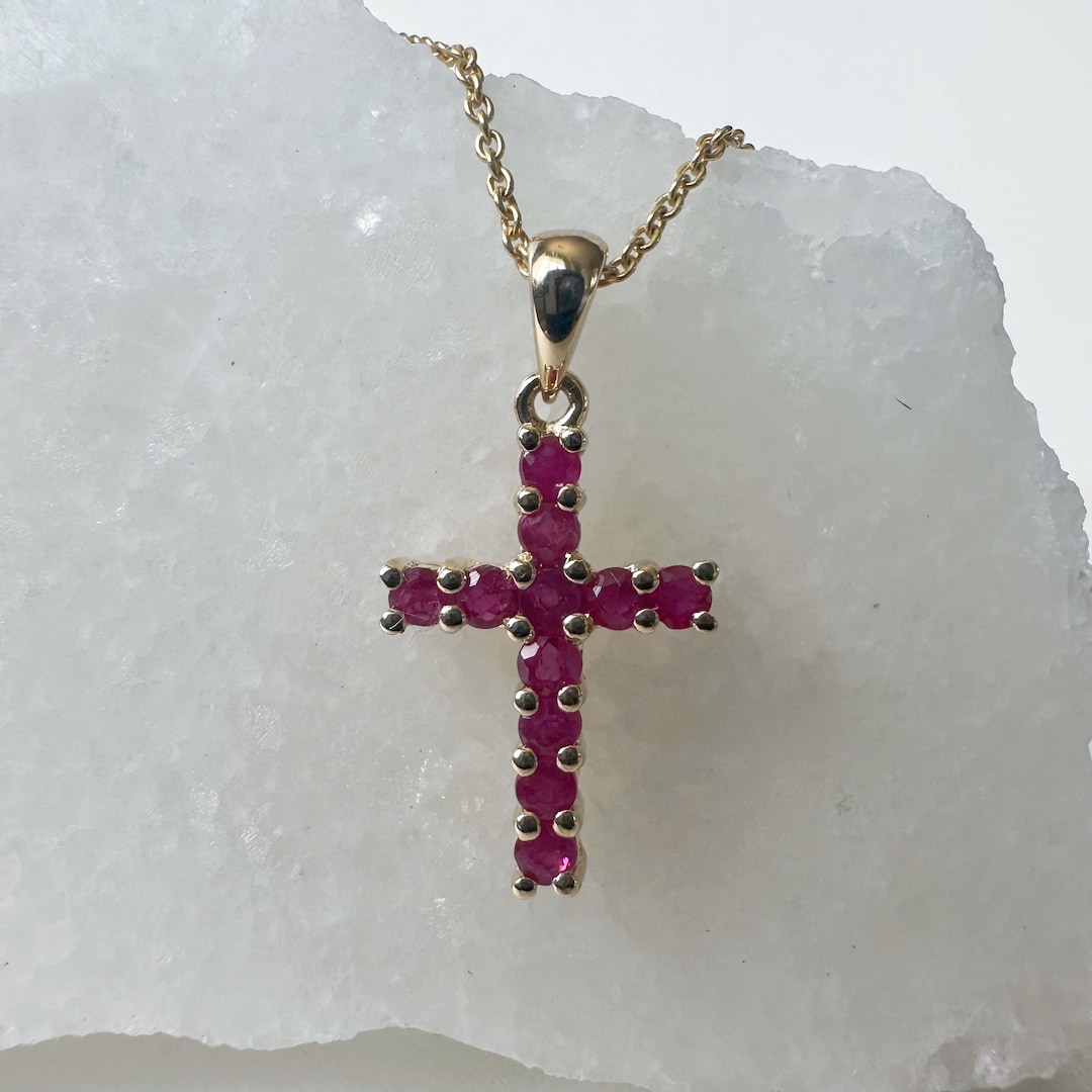 14K Solid Gold Genuine Ruby Cross Pendant - Etsy