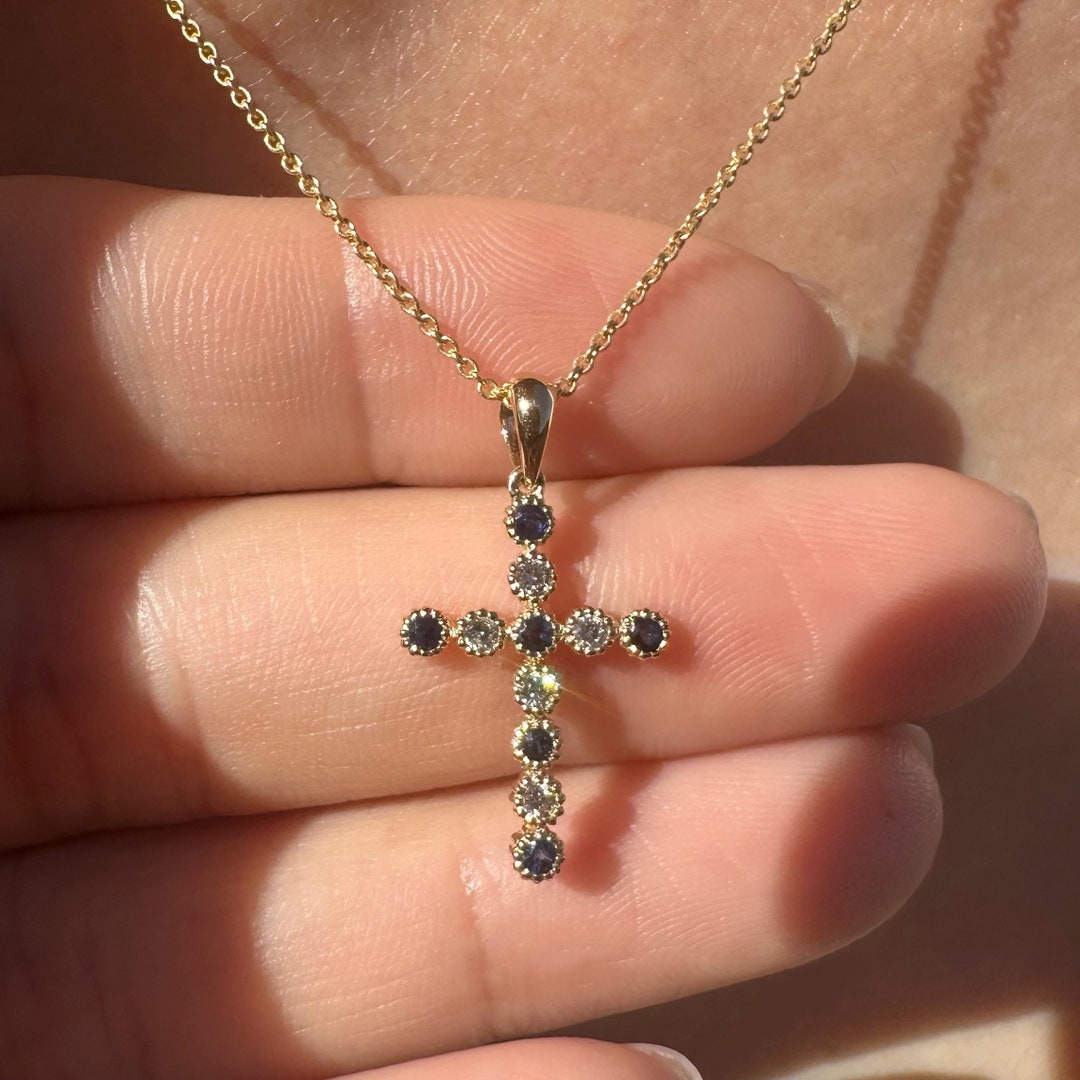 14K Solid Gold Genuine Sapphire and Diamond Bezel Cross Pendant - Etsy