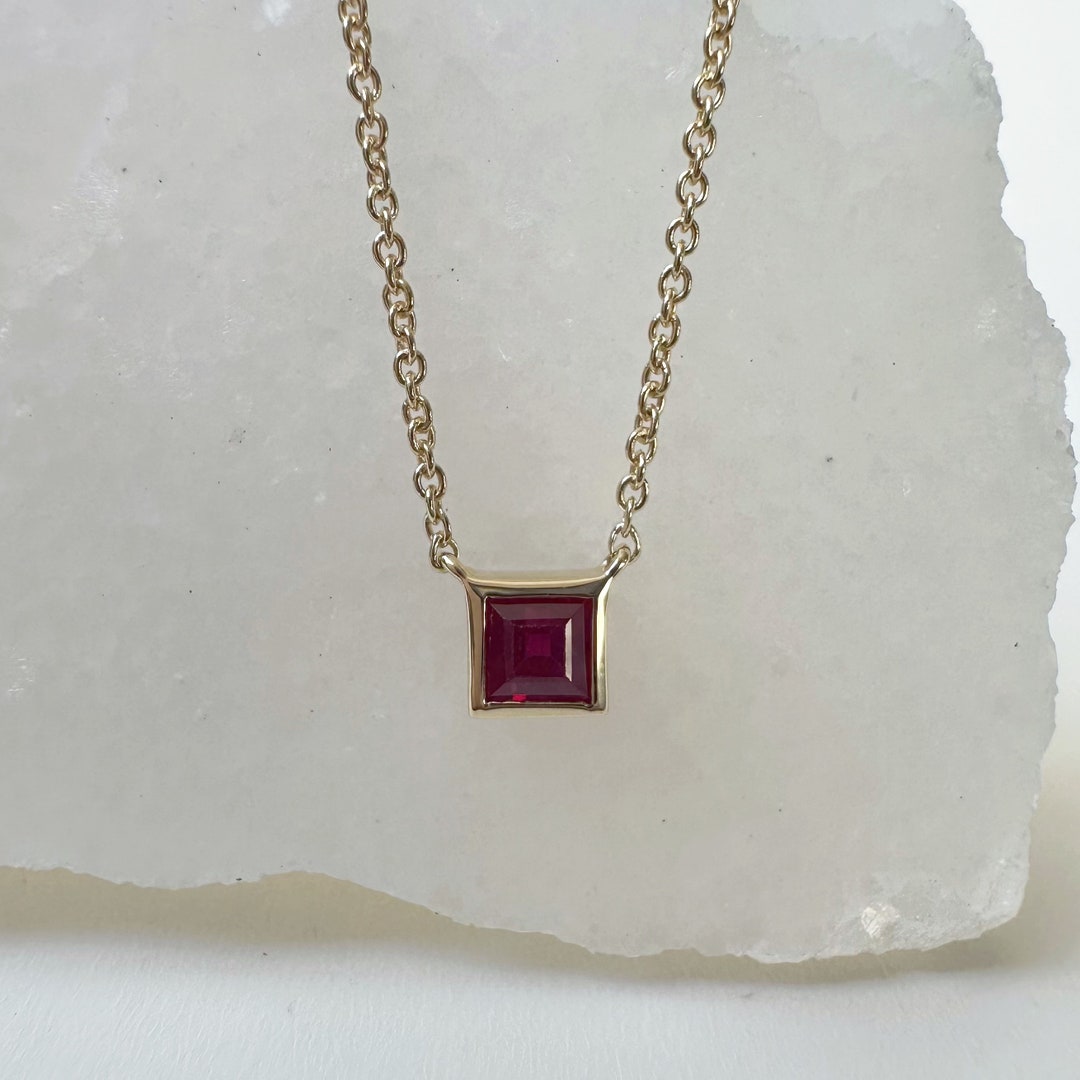 14K Solid Gold Genuine Bezel Ruby Square Necklace - Etsy