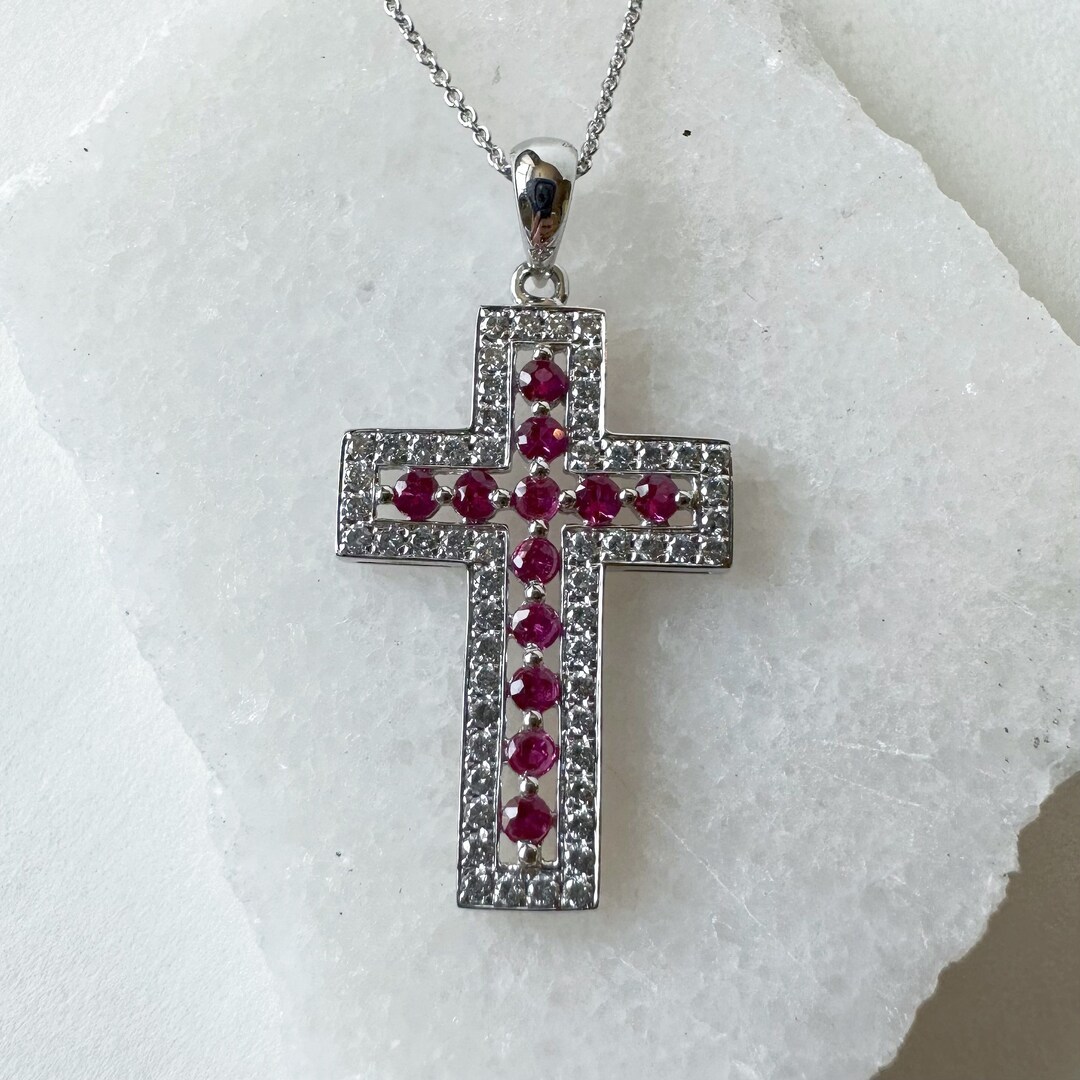 14K Solid White Gold Genuine Ruby and Diamond Cross Pendant (pendant ...