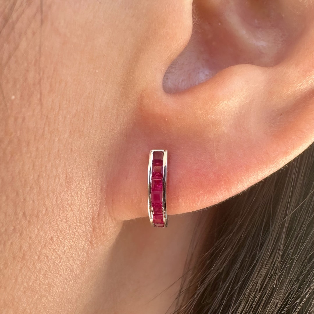14K Solid Gold Ruby Huggie Earrings/pair - Etsy
