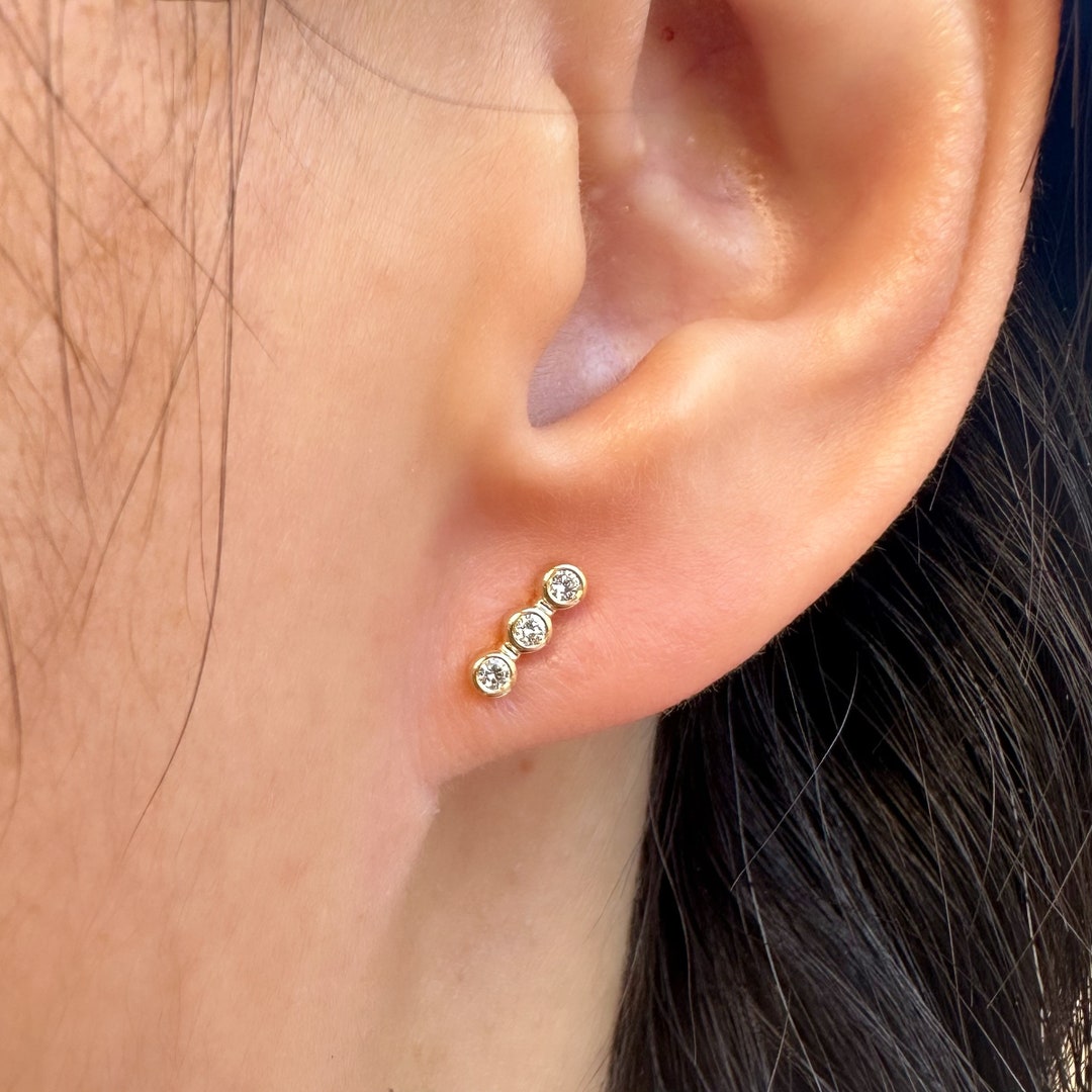 14K Solid Gold Genuine Diamond Bezel Bar Studs/pair - Etsy