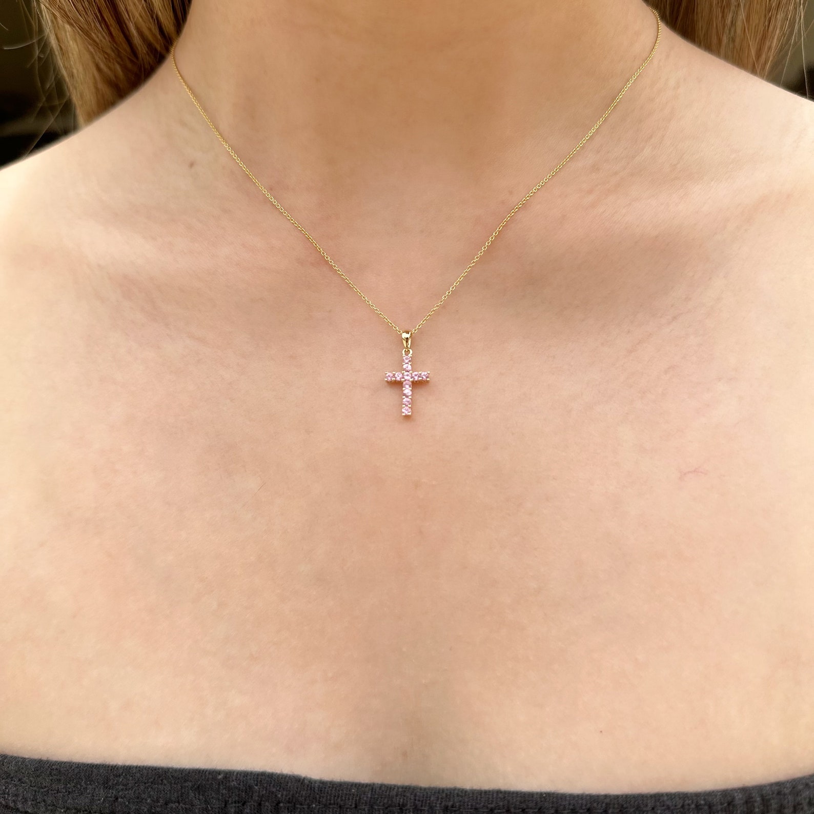 14K Solid Gold Genuine Pink Sapphire Cross Pendant - Etsy