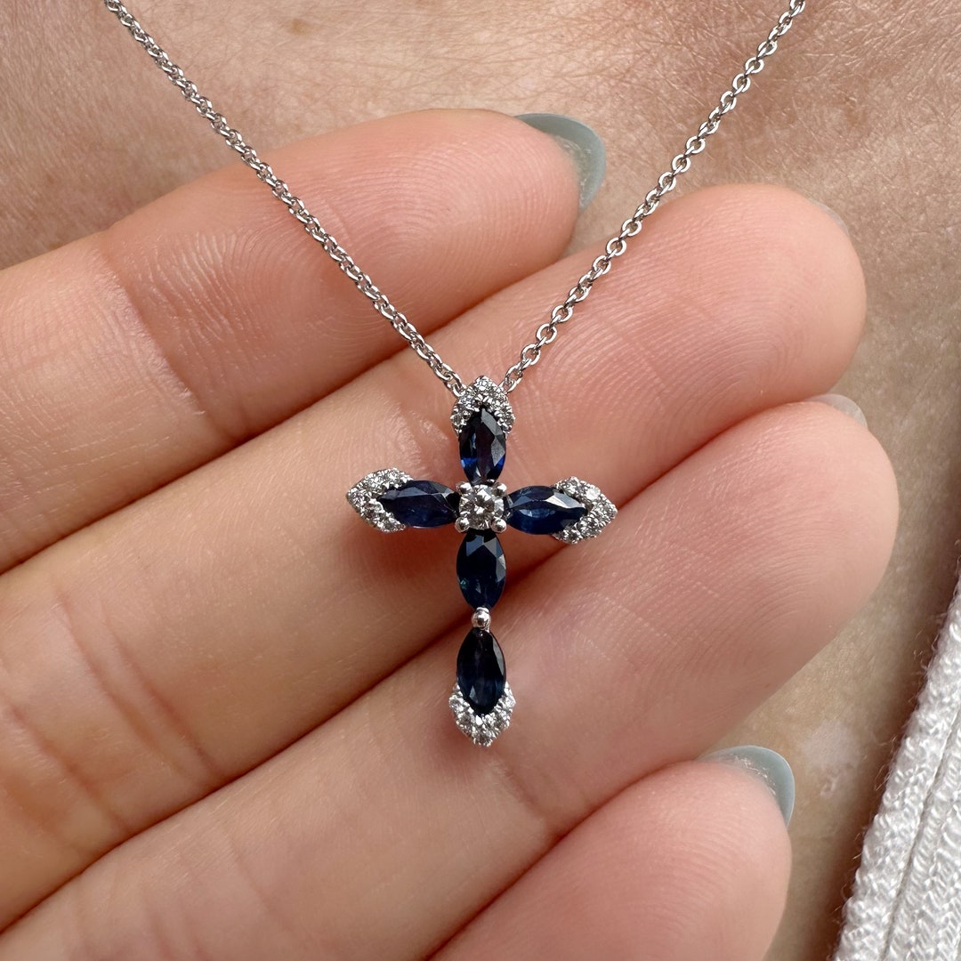 14K Solid White Gold Genuine Sapphire and Diamond Cross Pendant - Etsy