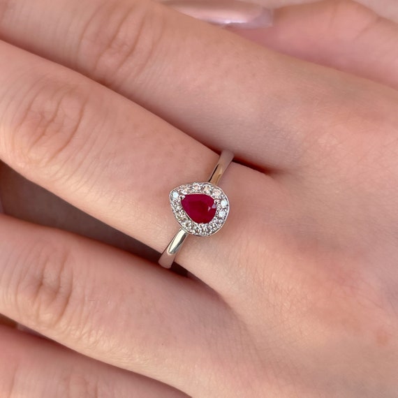 14K Solid Gold Genuine Teardrop Ruby and Diamond Ring - Etsy