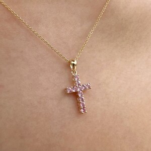 14K Solid Gold Genuine Pink Sapphire Cross Pendant - Etsy