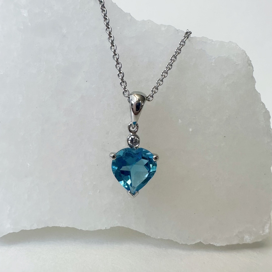 14K Solid Gold Heart Shaped Genuine Blue Topaz and Diamond Pendant - Etsy
