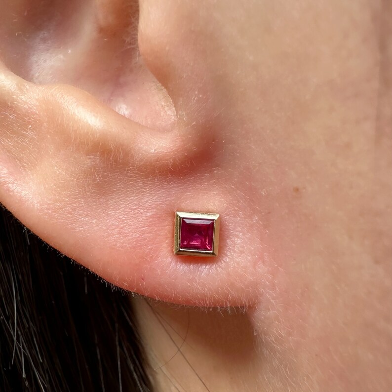 14K Solid Gold Genuine Square Ruby Bezel Studs/pair - Etsy