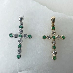 14K Solid Gold Genuine Emerald and Diamond Bezel Cross Pendant - Etsy