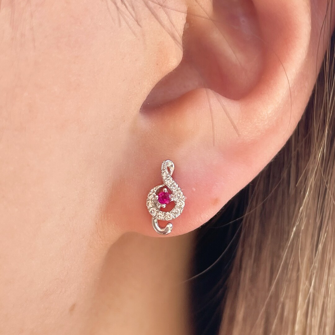 18K Solid Gold Genuine Ruby and Diamond Treble Clef/music Note Studs ...