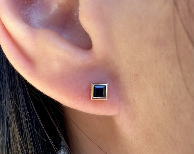 14K Solid Gold Genuine Sapphire Square Bezel Studs/pair - Etsy