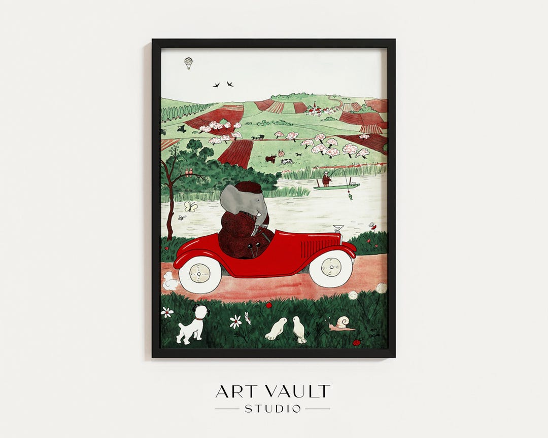 Babar Car Babar Vintage Car Countryside Babar Cottage Art Cozy Wall Art ...