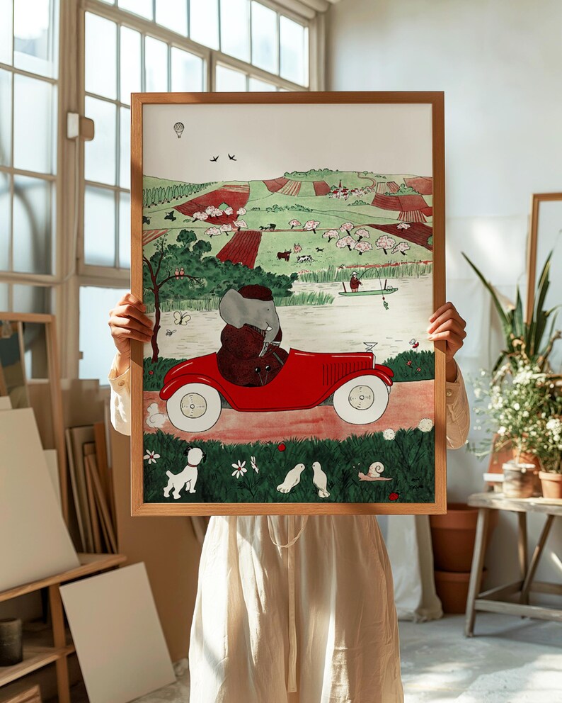 Babar Car Babar Vintage Car Countryside Babar Cottage Art Cozy Wall Art ...