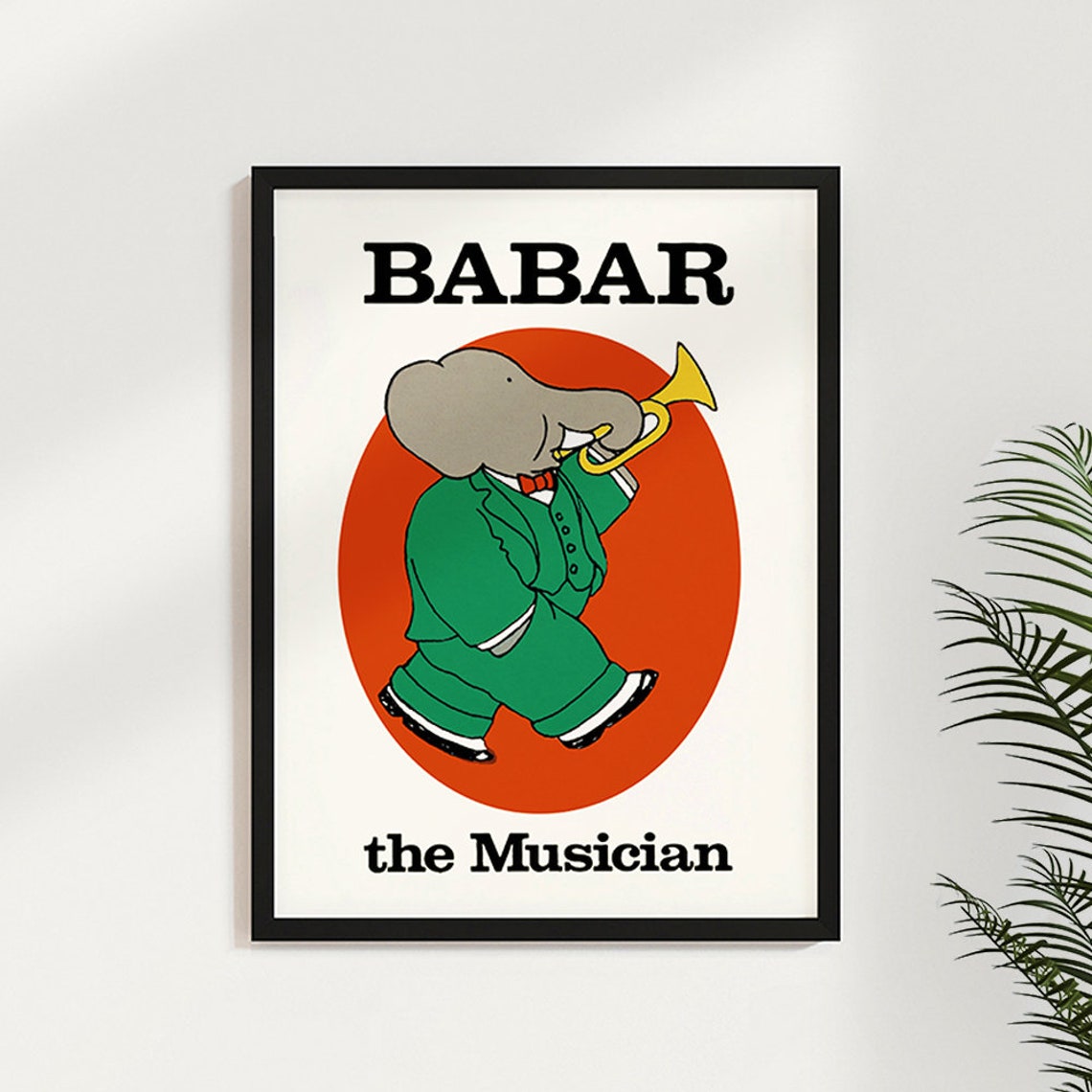 Babar the Musician Retro Babar Elephant Babar Affiche Music Gift ...
