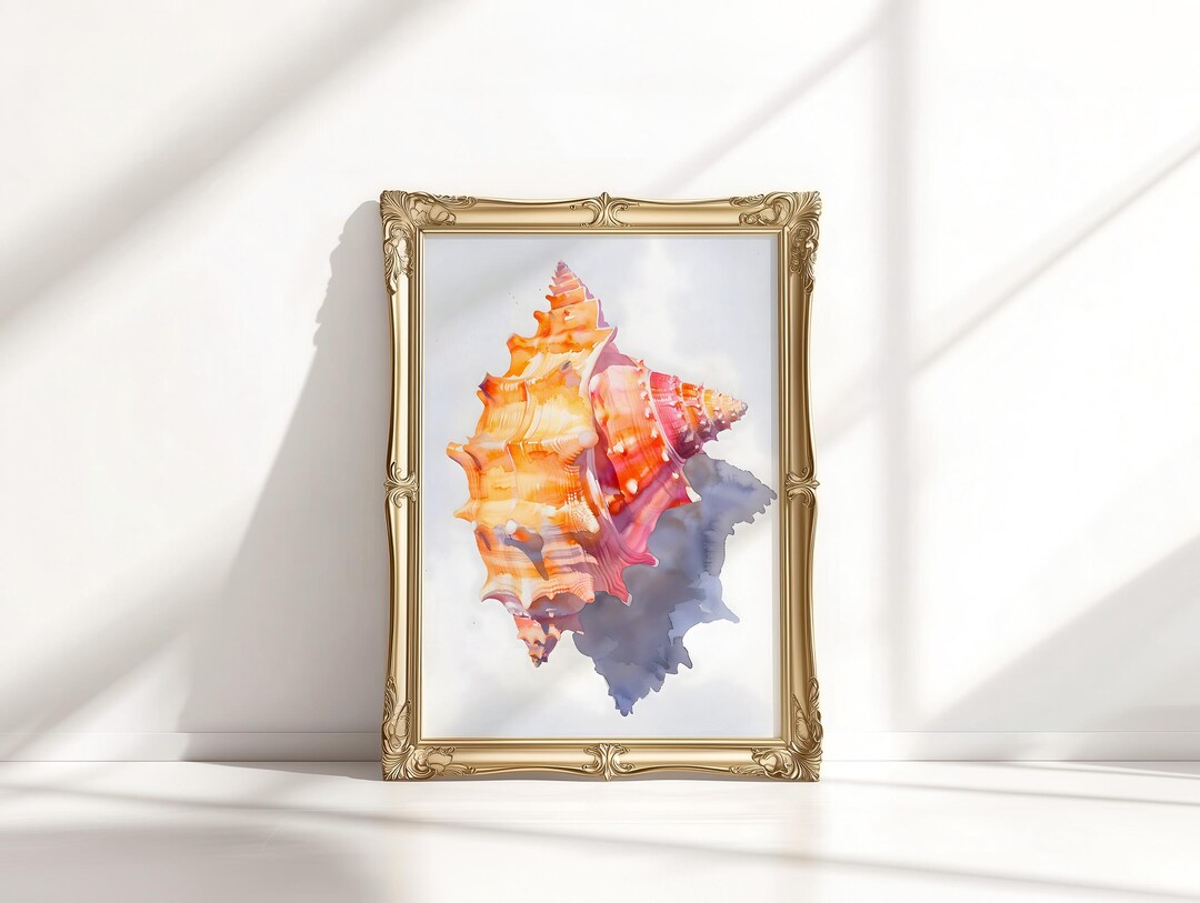 Conch Seashell Art Print, Orange Coastal Wall Decor, Watercolor Shell ...
