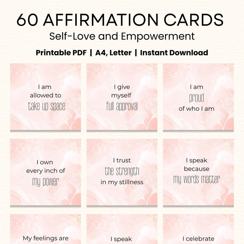 60 Printable Self-love Affirmation Cards: Empowering Quotes for Daily ...