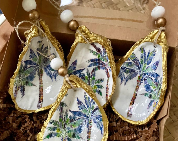 Decoupaged Oyster Shell Ornaments: Palm Tree Christmas Decor, Set of 4 ...