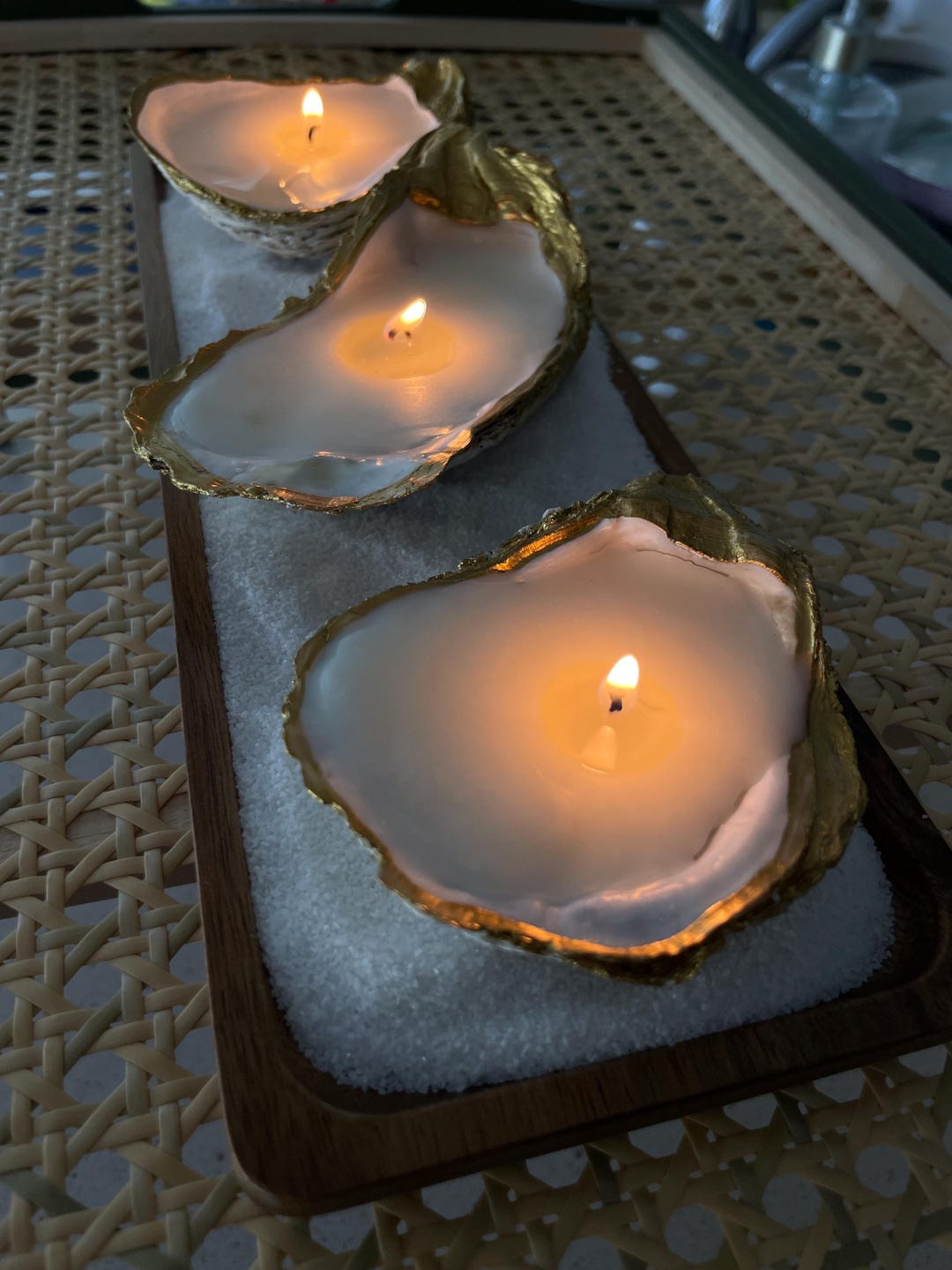 Set of 3 Hand Made Soy Wax Oyster Shell Candles With Wooden Tray and ...