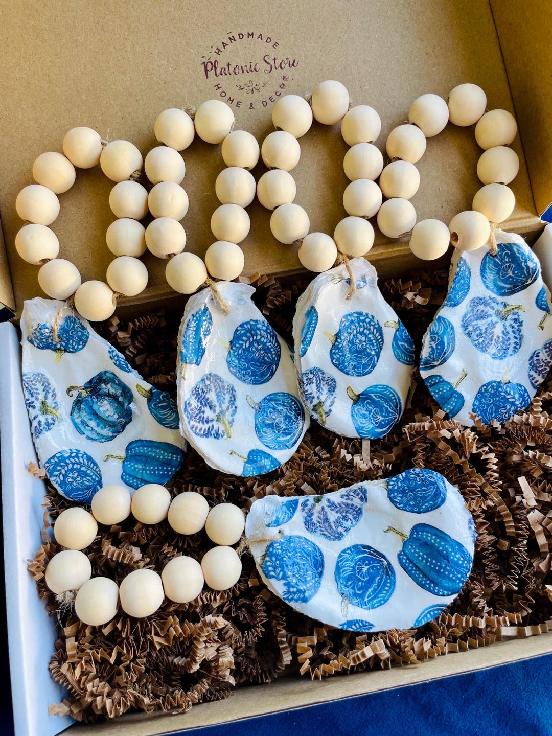 Gift Set of Blue and White Pumpkins Decoupage Oyster Shell Napkin Rings ...