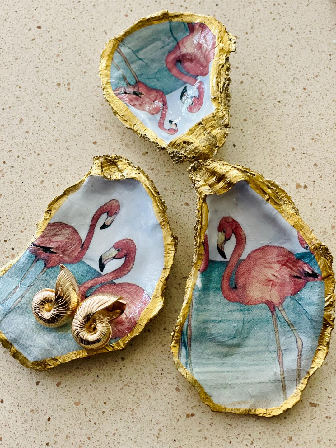 Handmade Decoupage Flamingo Oyster Shell Trinket Dish: Coastal Wedding ...