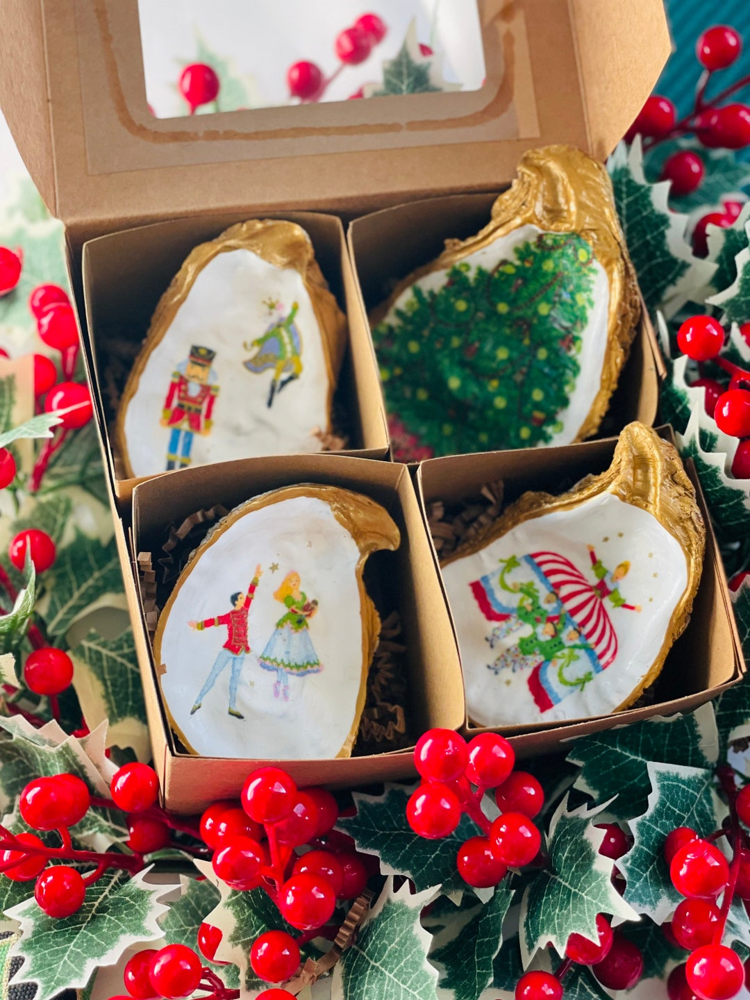 Gift Box Set of 4 Hand Made Nutcracker Decoupage Oyster Shell Ring ...