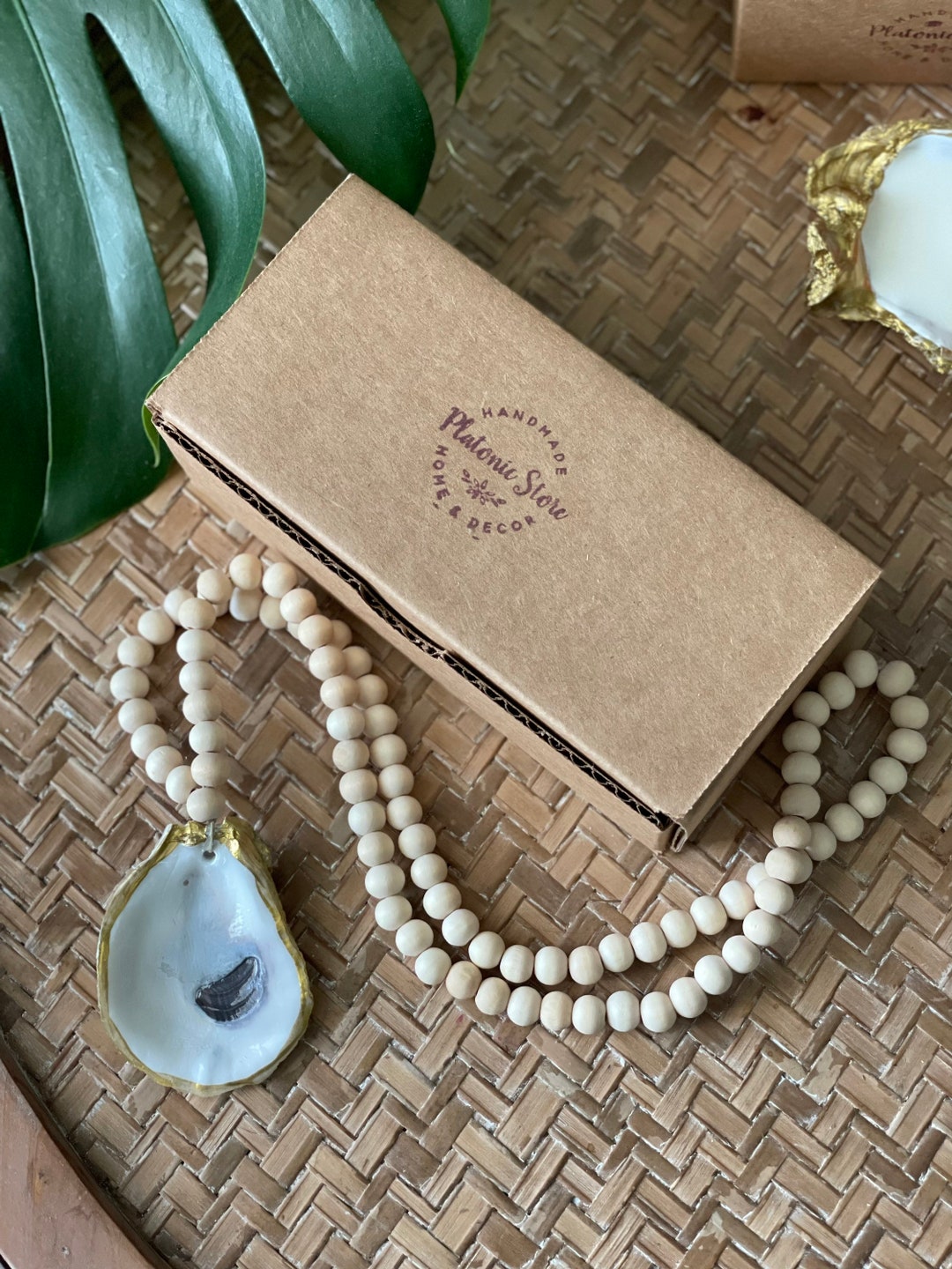 Natural Gilded Oyster Shell Wooden Beads Necklace - Etsy