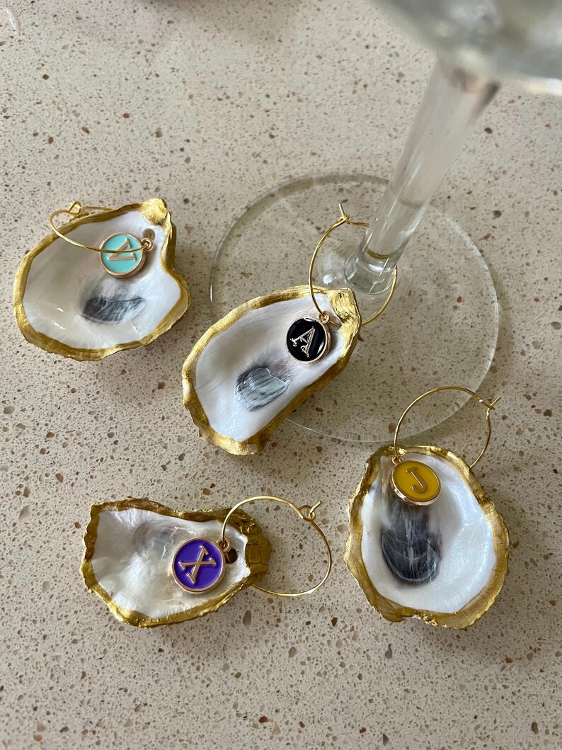 Personalised Hand Painted Pearl and Gold Tiny Oyster Shell Wine Charms ...