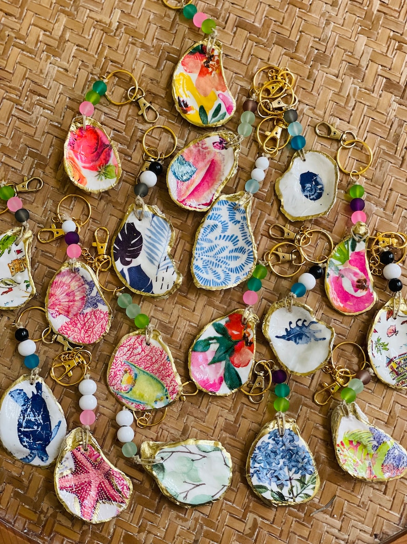 Handmade Decoupaged Oyster Shell Keychain: Coastal Charm Gift - Etsy