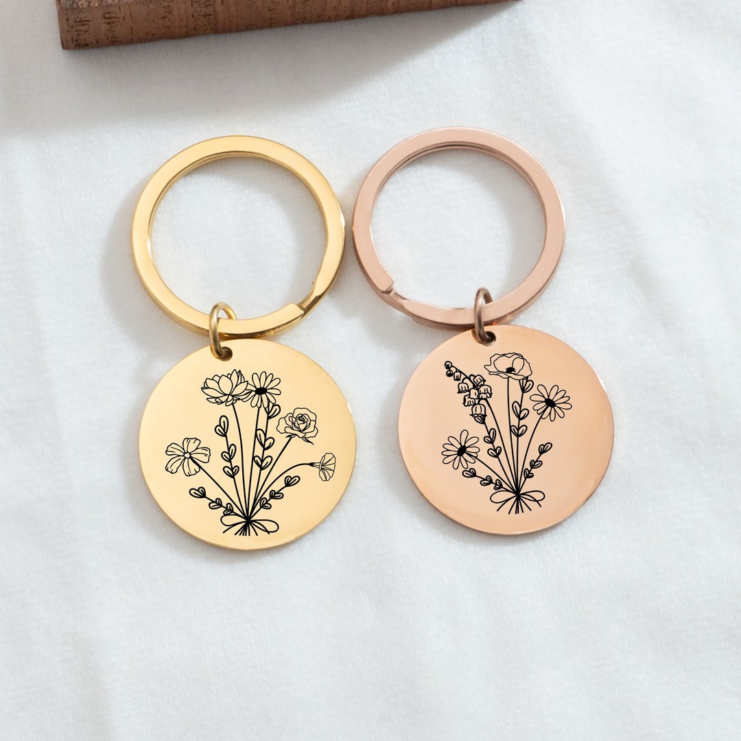 Personalized Birth Flower Keyring, Custom Floral Keychain, Combined ...