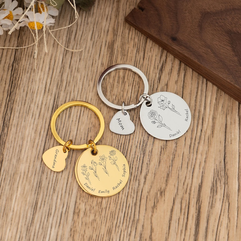 Personalized Birth Flower Keychain, Engraved Name Initials Birthday ...
