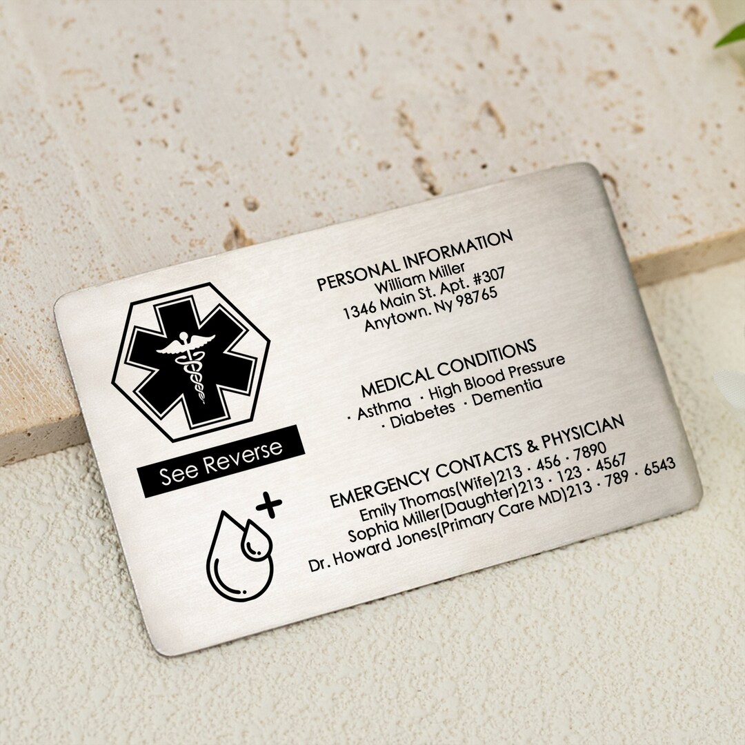 Emergency Medical Contact Card, ID Tag, Personalized Laser Engraved ...