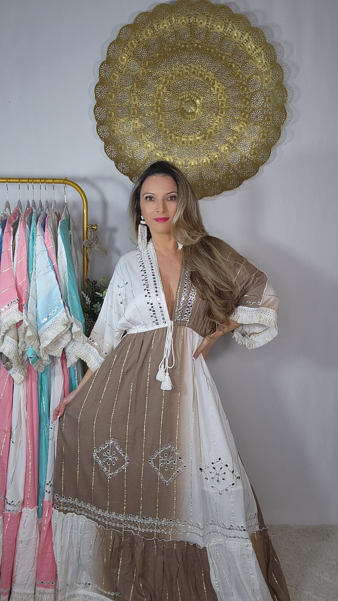 Boho Maxi Dress, Hand-embroidered Mirror & Lace, Resort Wear - Etsy