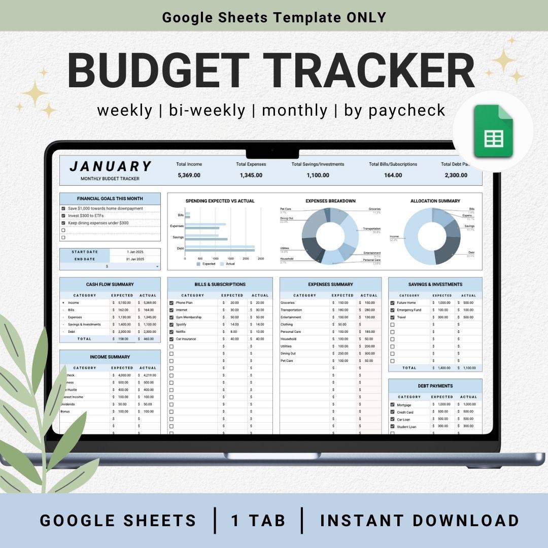 Budget Tracker Google Sheets, Personal Budget Spreadsheet, Monthly ...