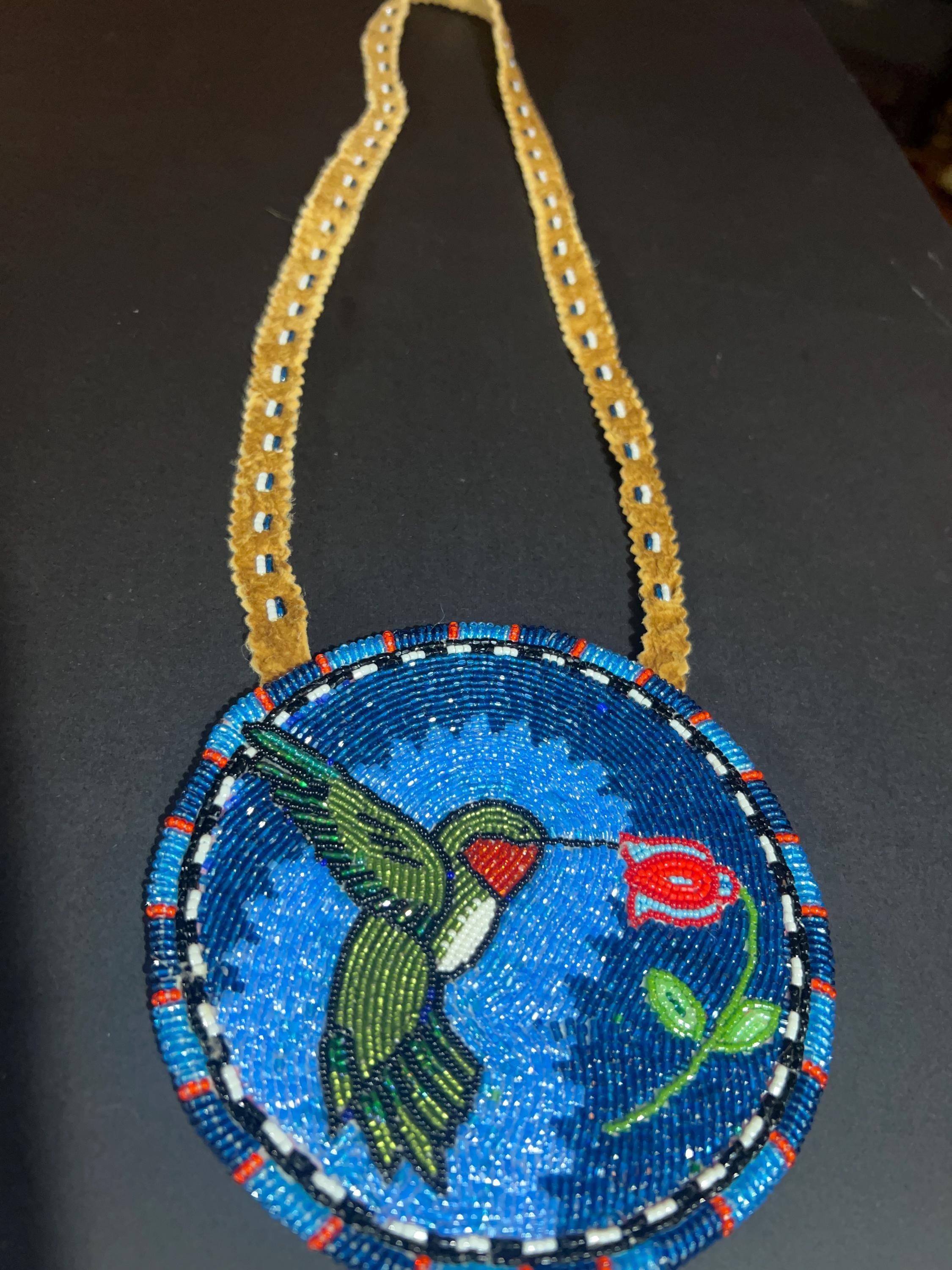 First Nations Beaded Medallion. Hummingbird and Flower. 5 Inches in ...