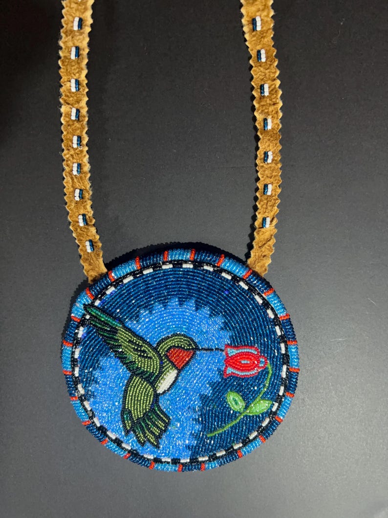 First Nations Beaded Medallion. Hummingbird and Flower. 5 Inches in ...