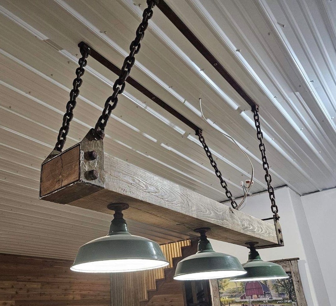 Rustic Wooden Beam Light Fixture With Three Lights and Metal Chain Link ...