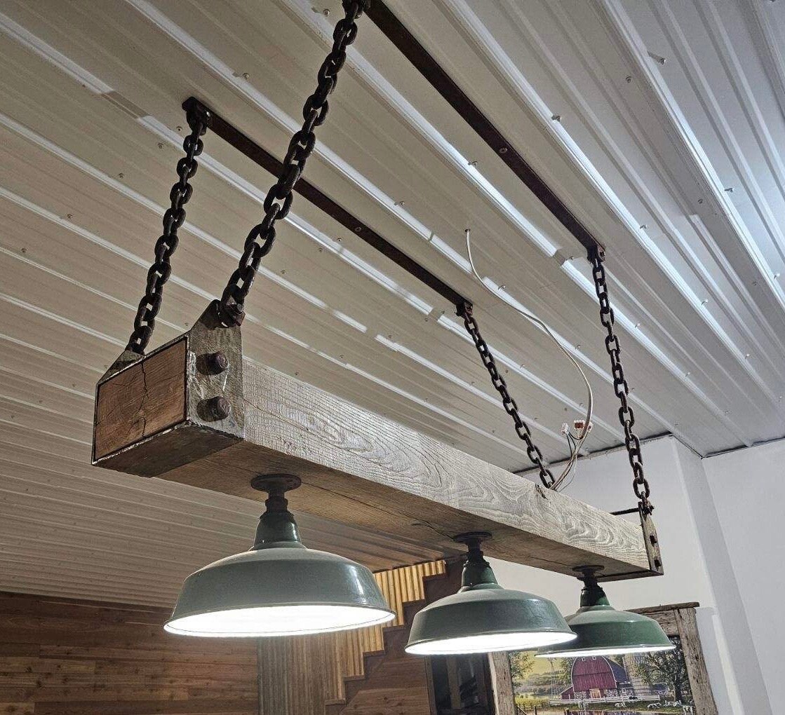 Rustic Wooden Beam Light Fixture With Three Lights and Metal Chain Link ...
