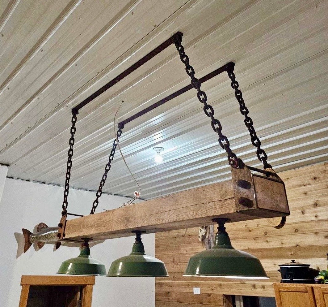 Rustic Wooden Beam Light Fixture With Three Lights and Metal Chain Link ...