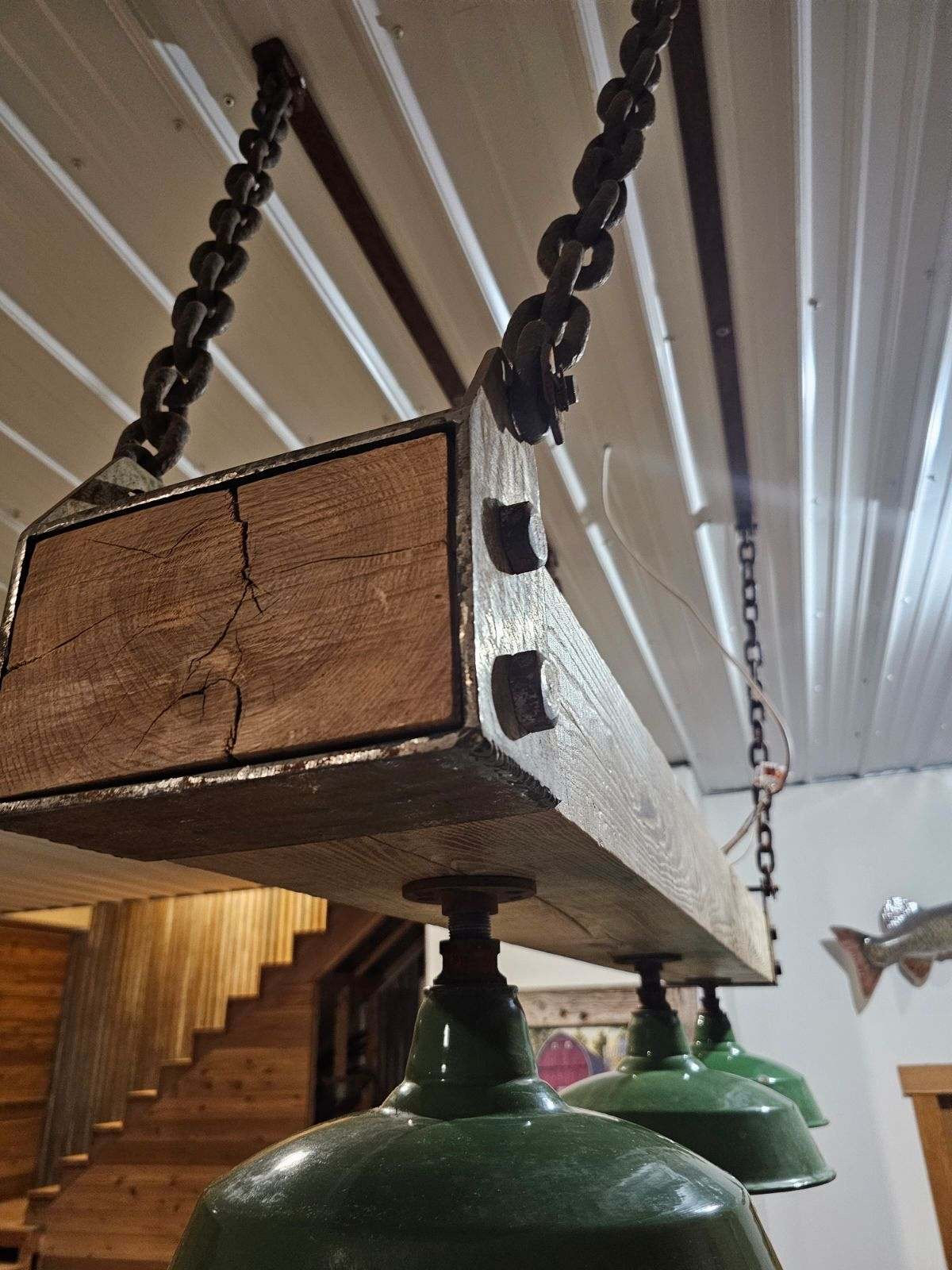 Rustic Wooden Beam Light Fixture With Three Lights and Metal Chain Link ...