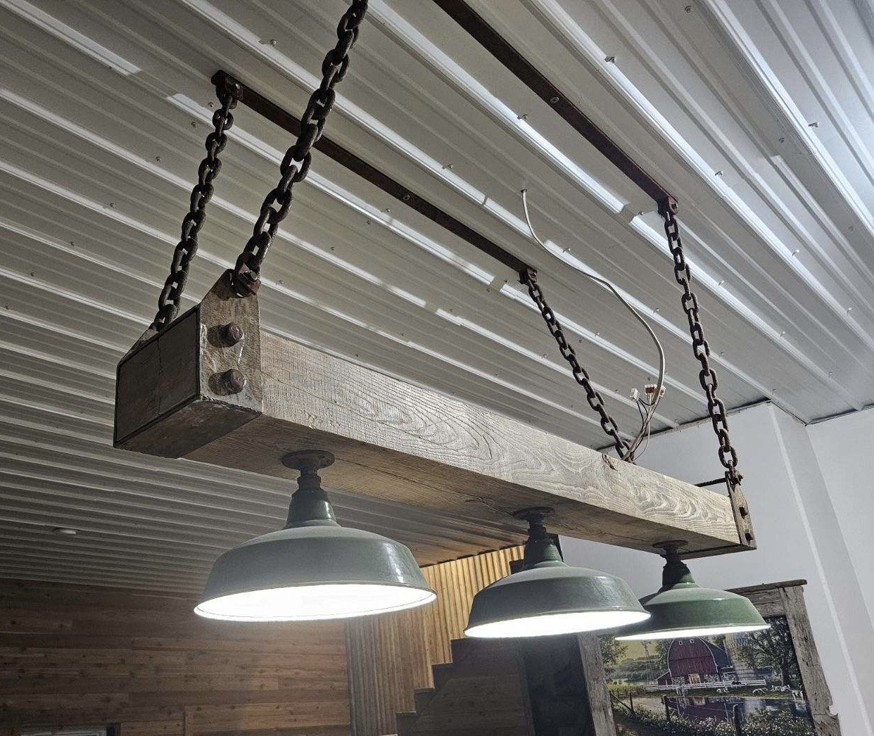 Rustic Wooden Beam Light Fixture With Three Lights and Metal Chain Link ...