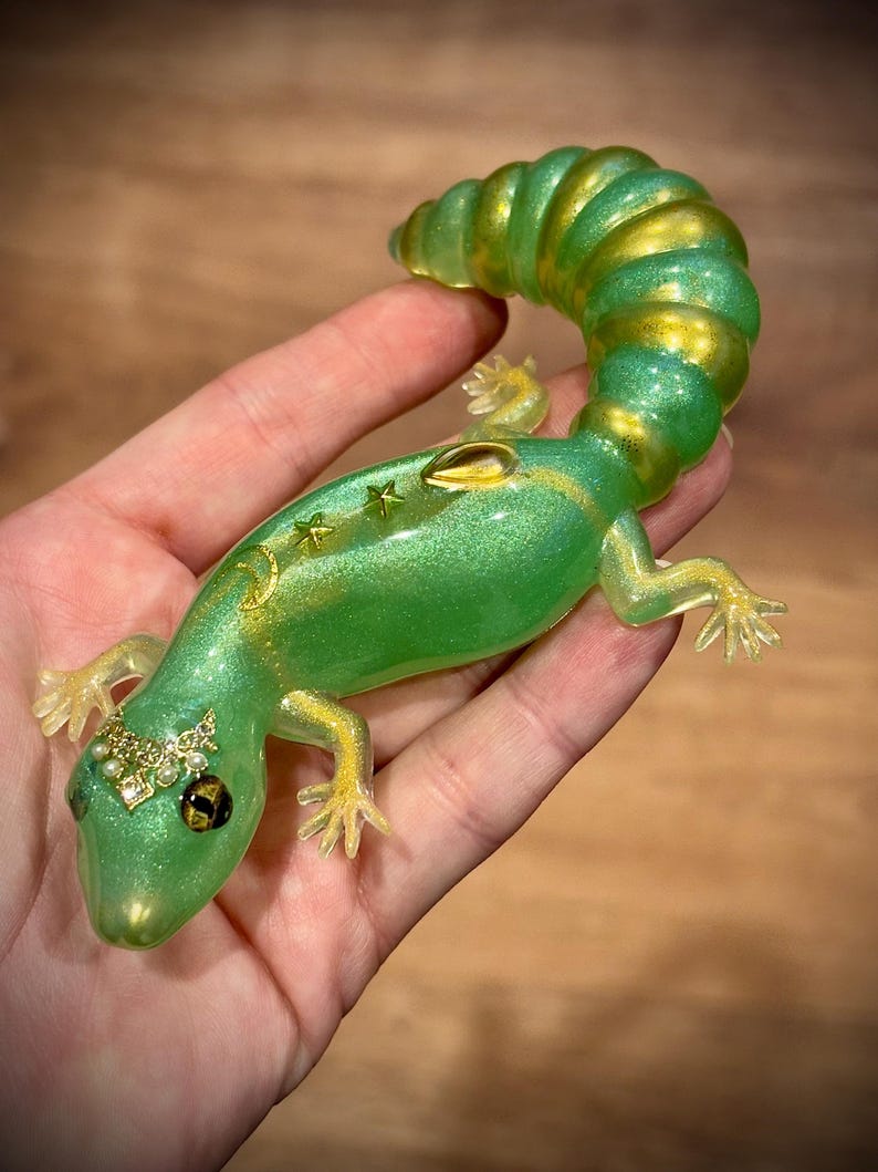 Resin Lizard Figure | Green Leopard Gecko | Reptile Lover Gift | Gold Colored Accents | Shimmery ...