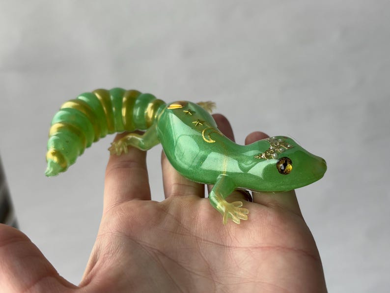 Resin Lizard Figure | Green Leopard Gecko | Reptile Lover Gift | Gold Colored Accents | Shimmery ...